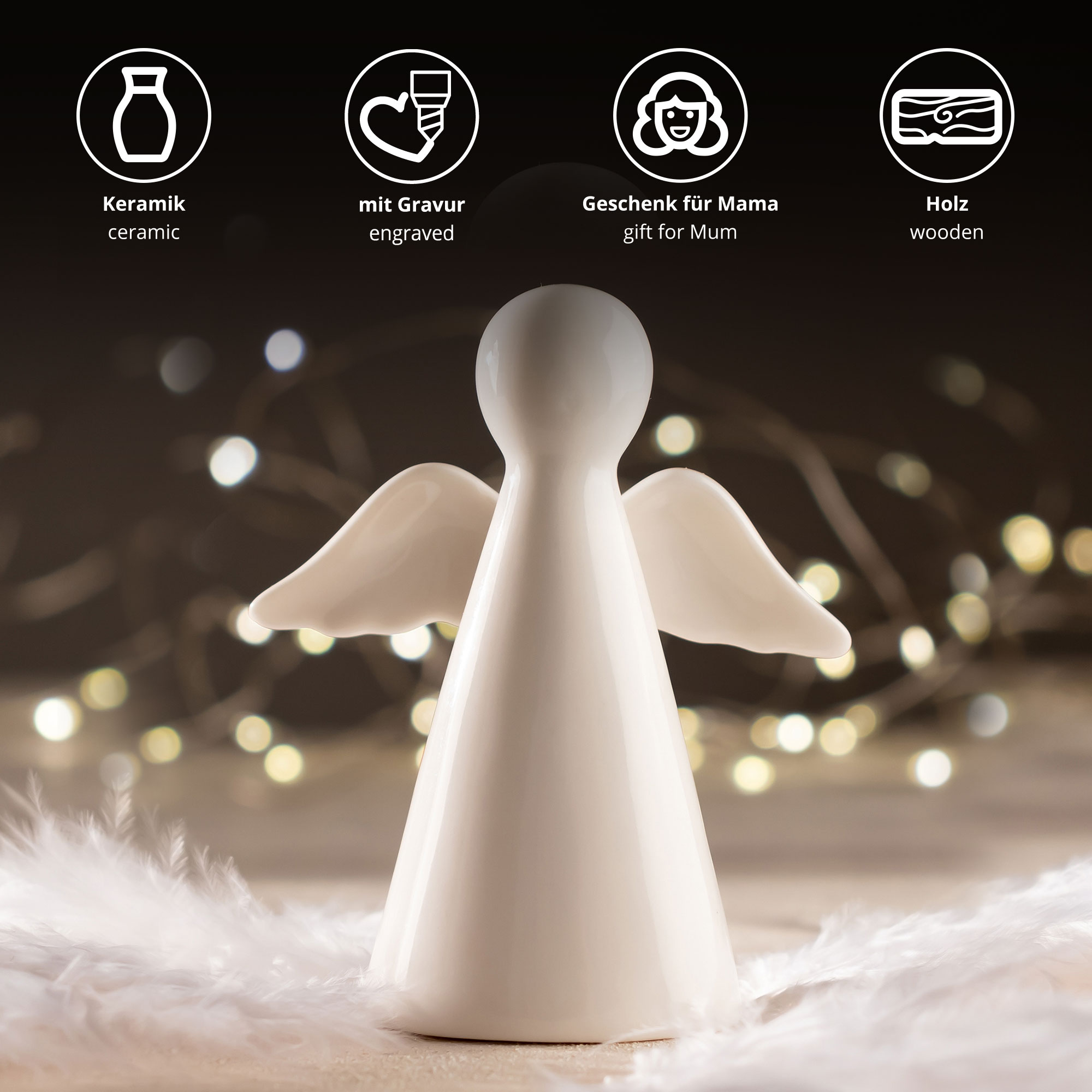 Porzellan Deko Engel in edler Holzbox - Mama Gravur