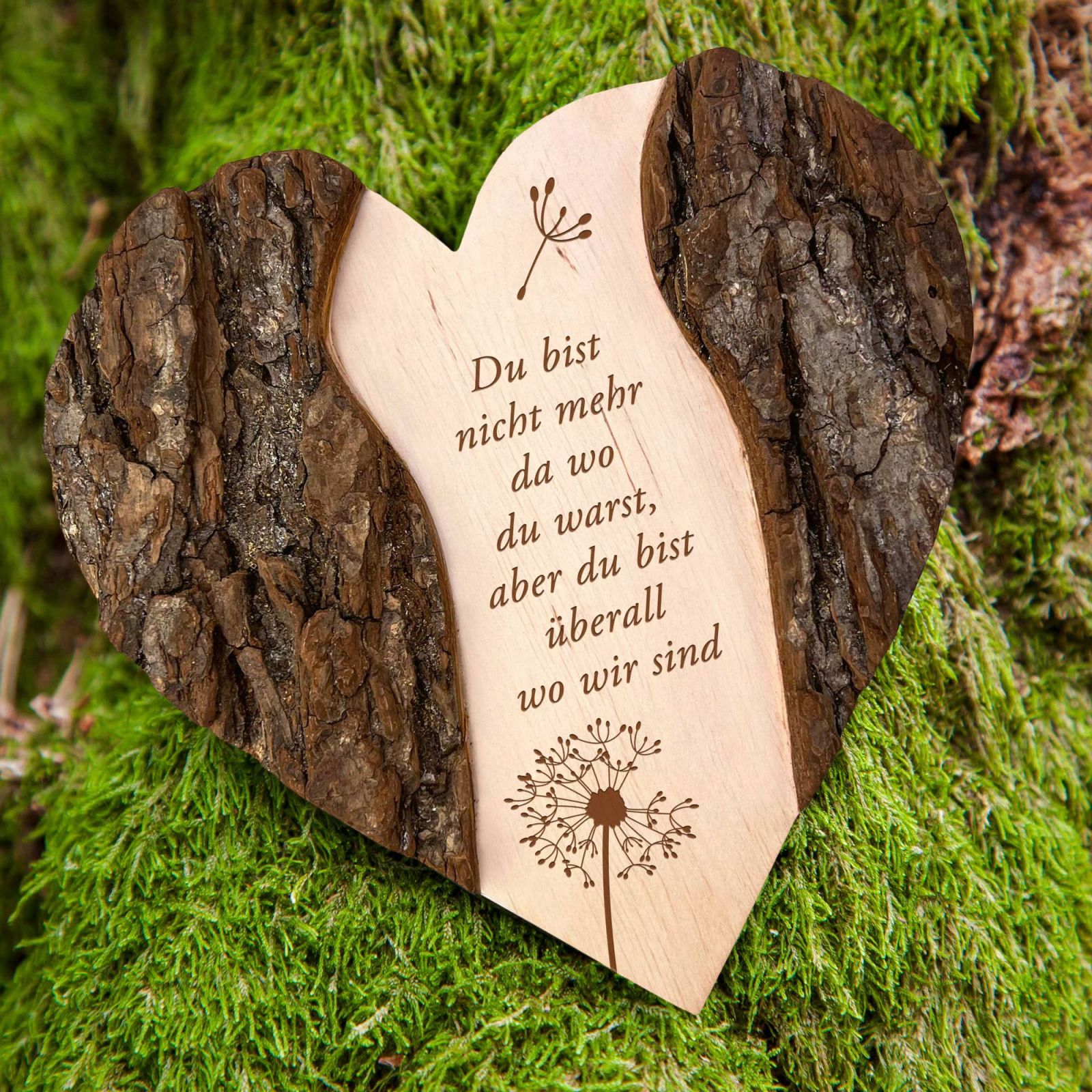 Holz Herz mit Gravur Trauerblume - Gedenktafel